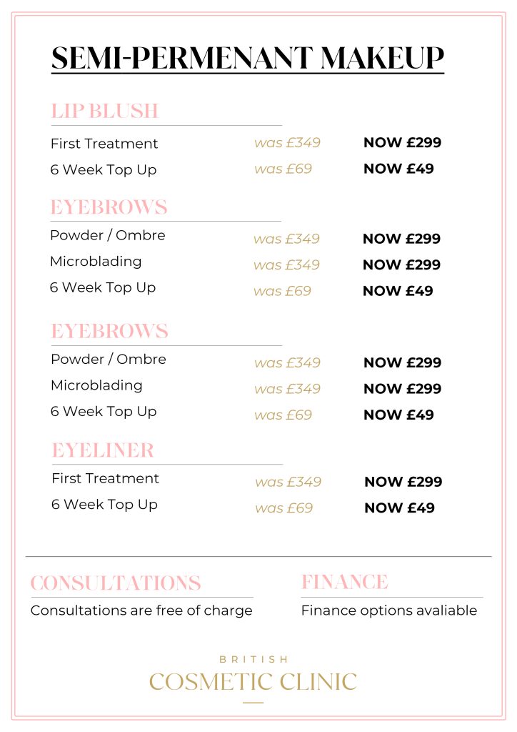 Semi-Permenant Makeup Price List - British Cosmetic Clinic